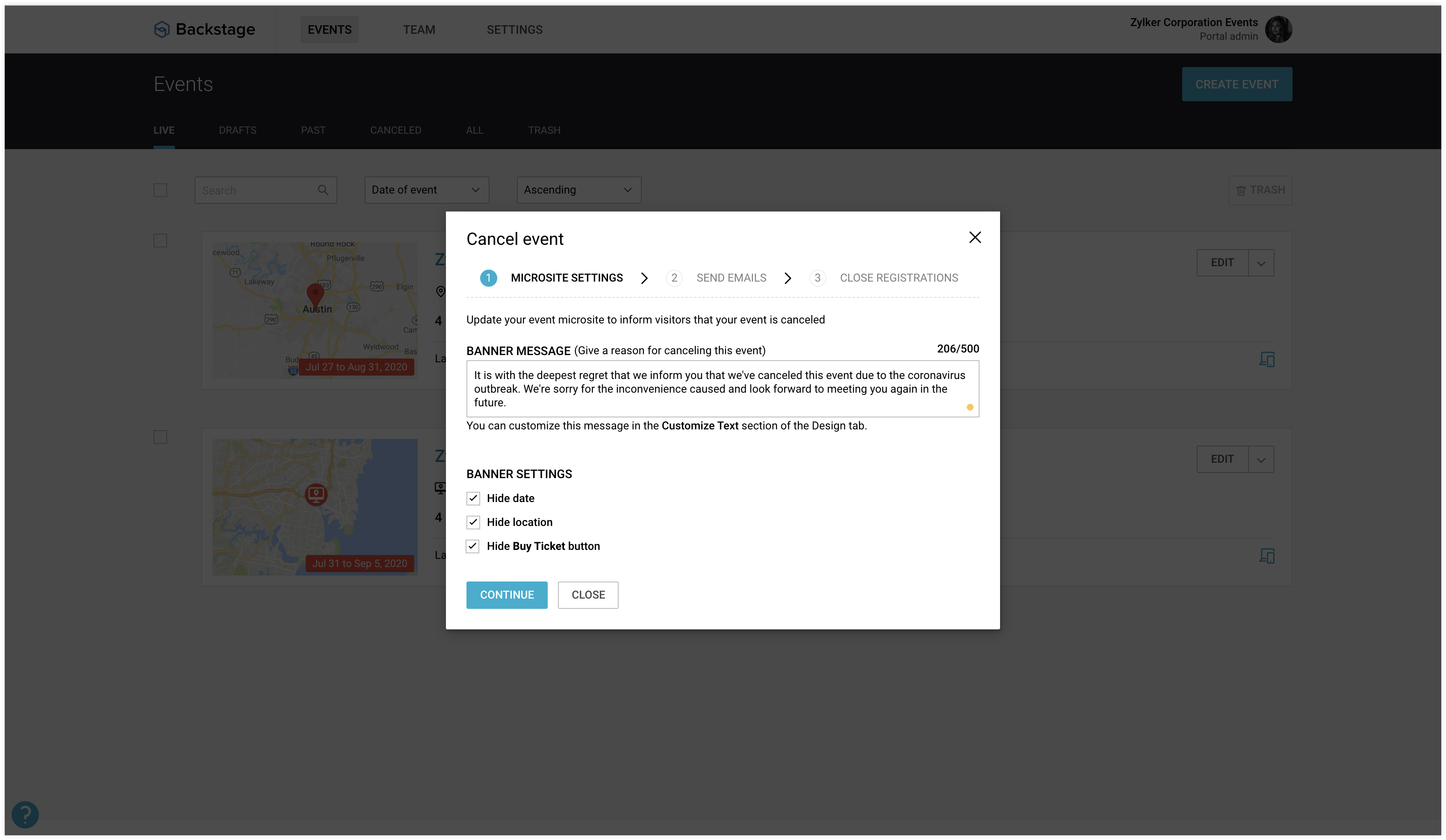 How to cancel an event in Zoho Backstage