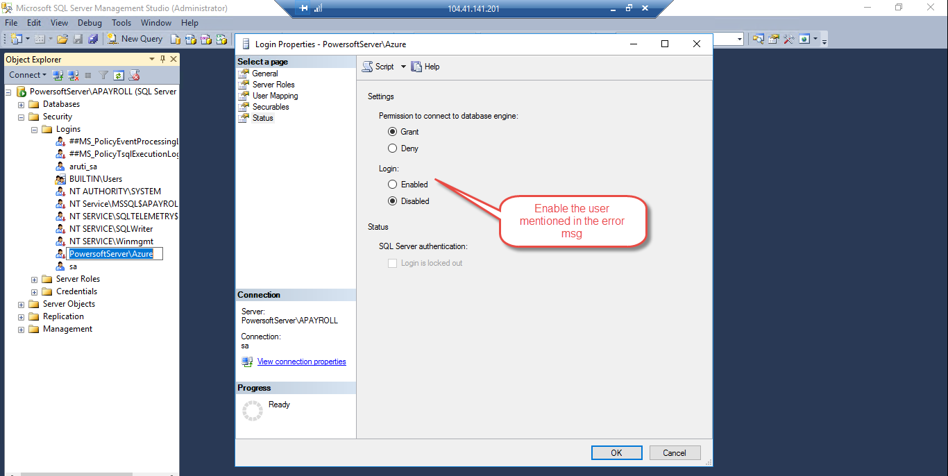Login failed for user 'sa'. Reason: The account is disabled