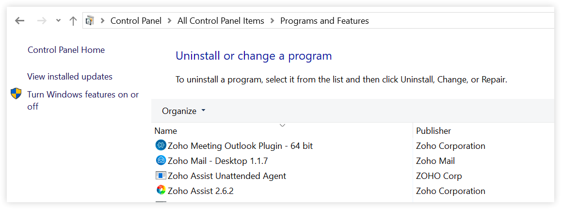In the Add/Remove Programs dialog box, select the Zoho Meeting Plug-in ...