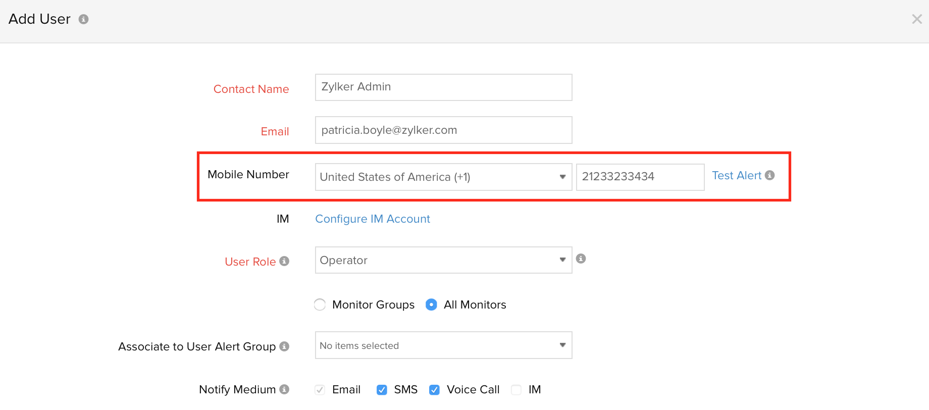 Add a new or edit an existing phone number to receive SMS or voice alerts