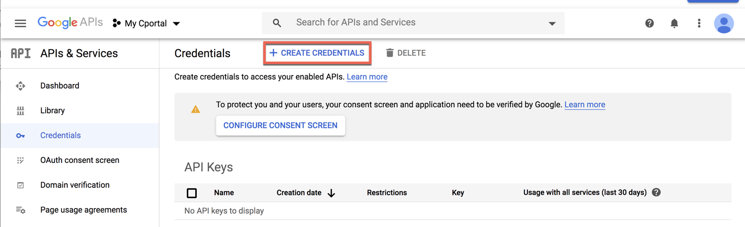 3. Click + Create Credential button at the top of the page.