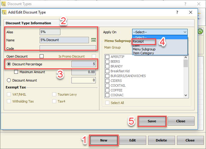 How to create percentage discount in eZee Burrp on receipt