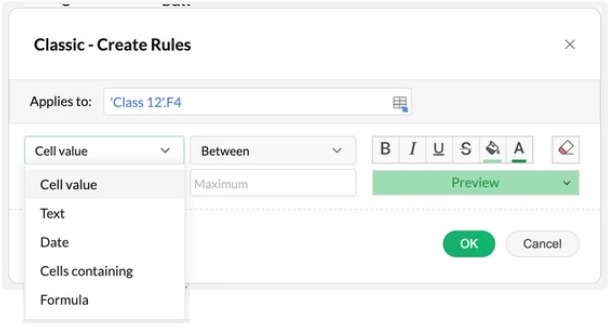 Apply conditional formatting to your cells | Zoho Sheet Help Guide