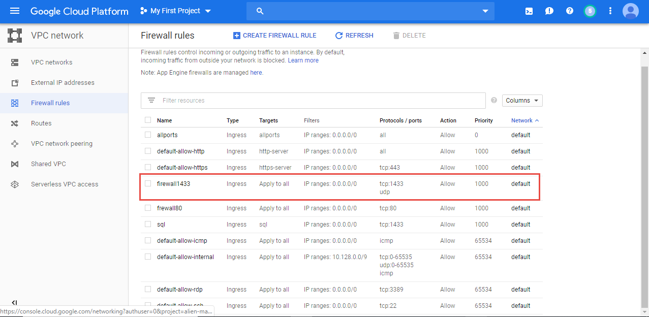 How to enable port 1433 on google cloud