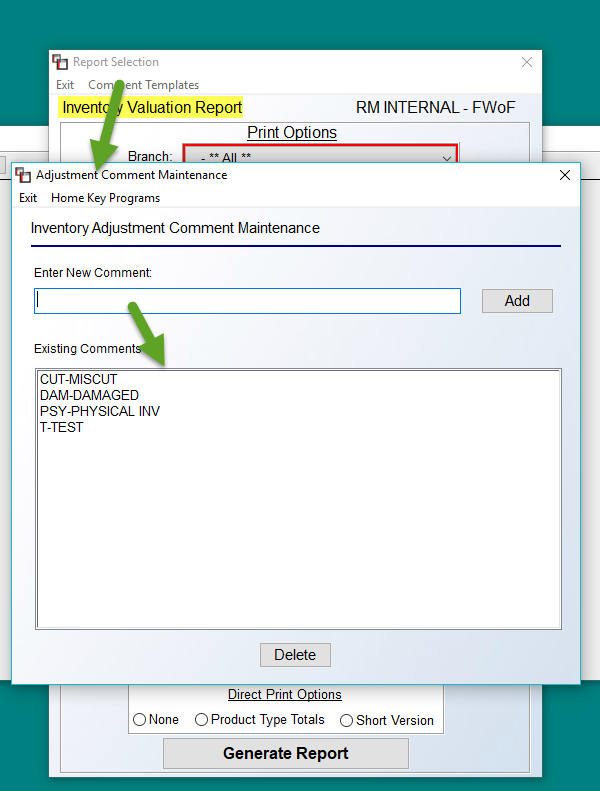 Inventory Adjustment Comment Template