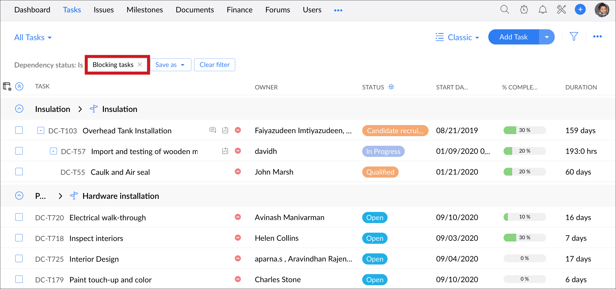 Dependency Status in Task Details Page | Online Help | Zoho Projects
