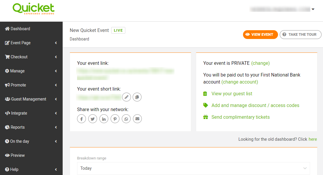 The Quicket event dashboard and menu
