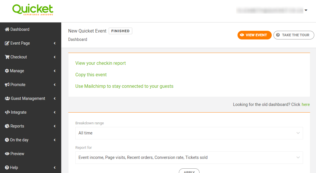 The Quicket event dashboard and menu