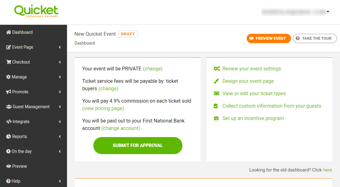 The Quicket event dashboard and menu