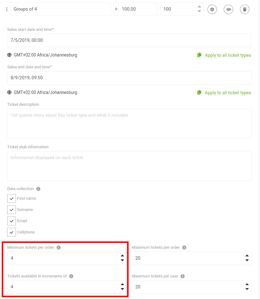 Ticket type settings
