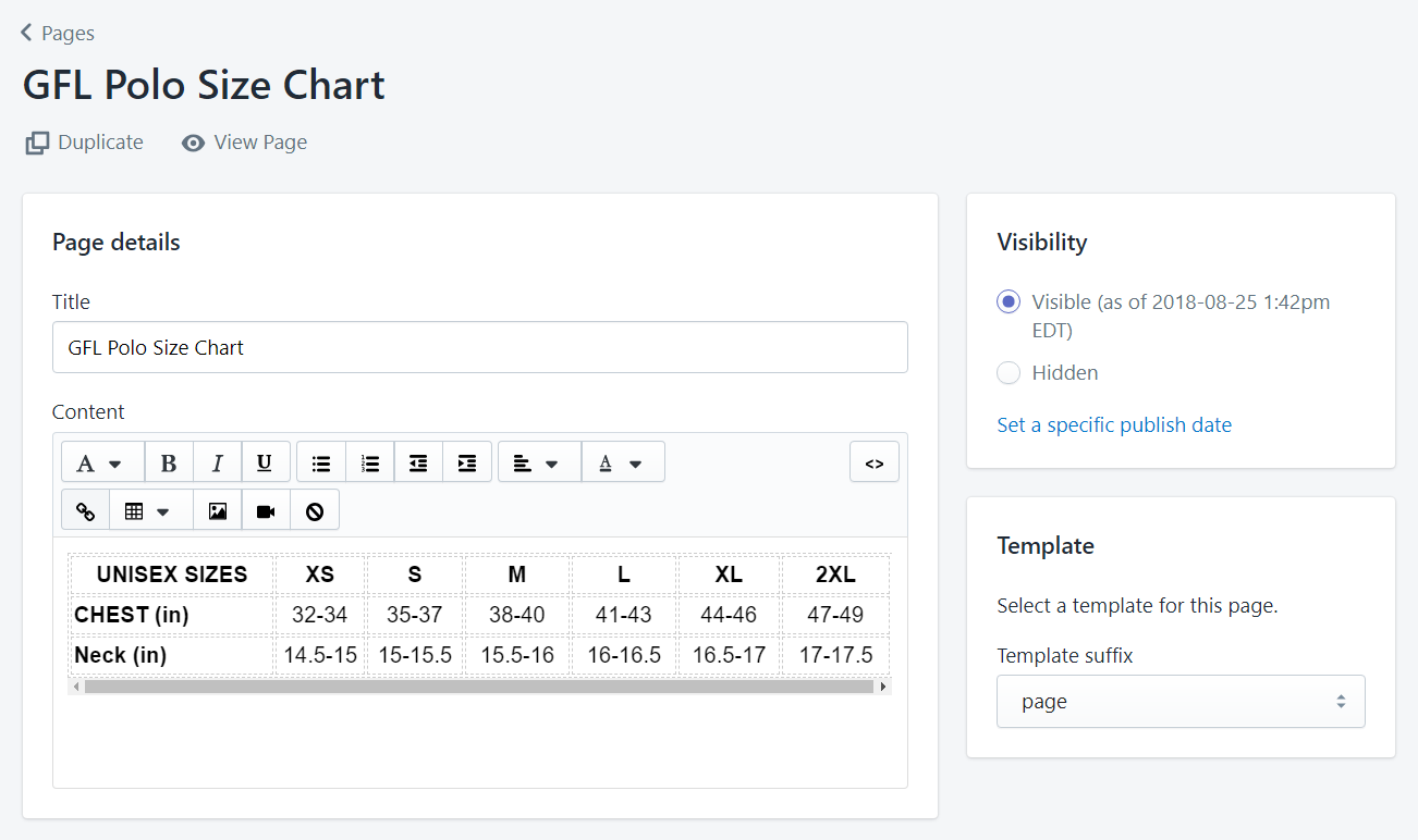 Setting up Size Charts