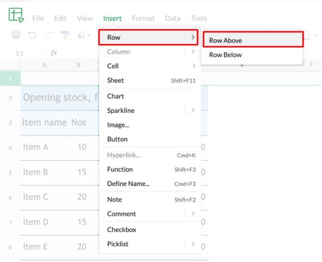 Insert a new row into a sheet | Zoho Sheet Help Guide