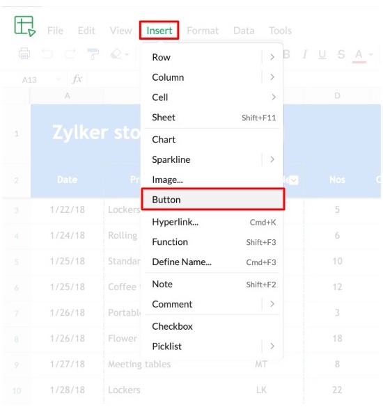 Insert a button in a sheet | Zoho Sheet Help Guide