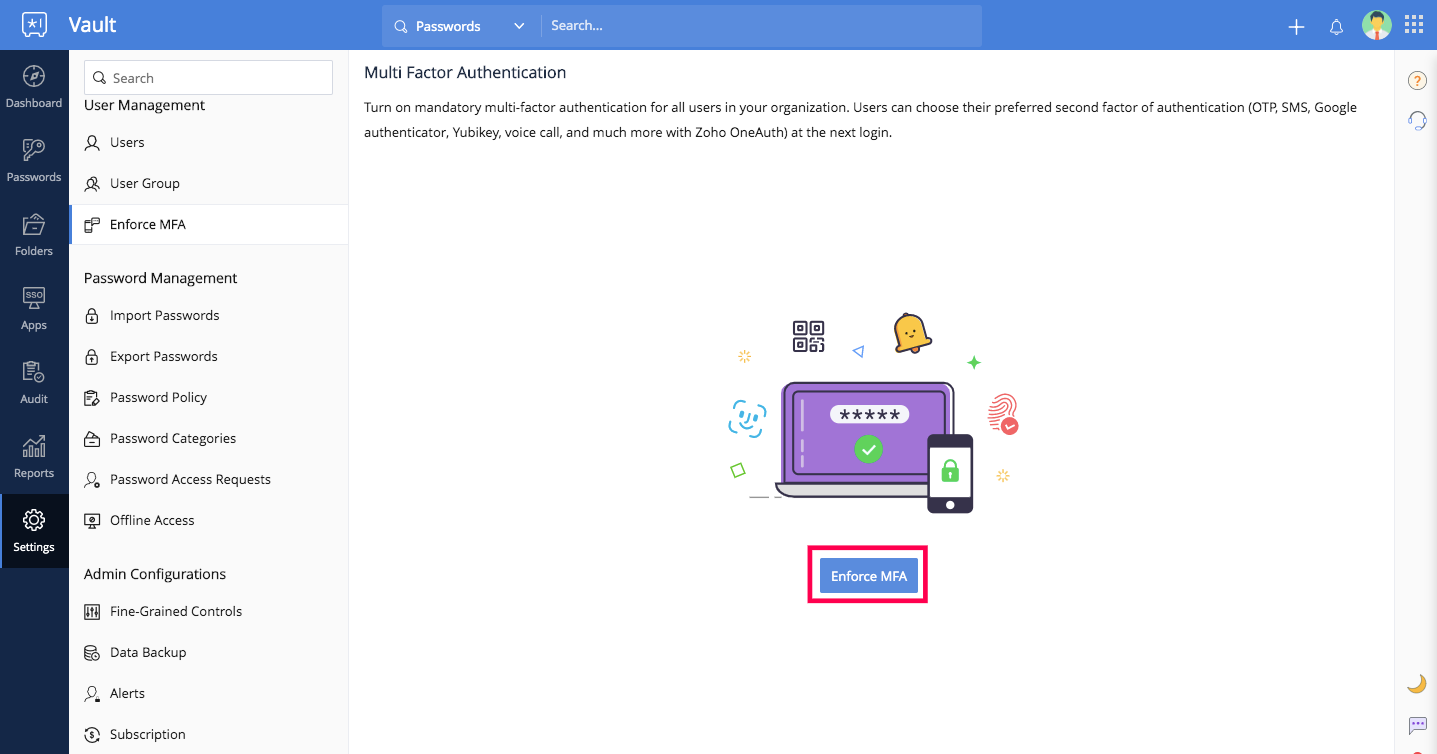 Enforce Multi Factor Authentication (MFA) | Zoho Vault
