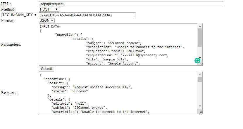 How to create a request along with requester email address through API