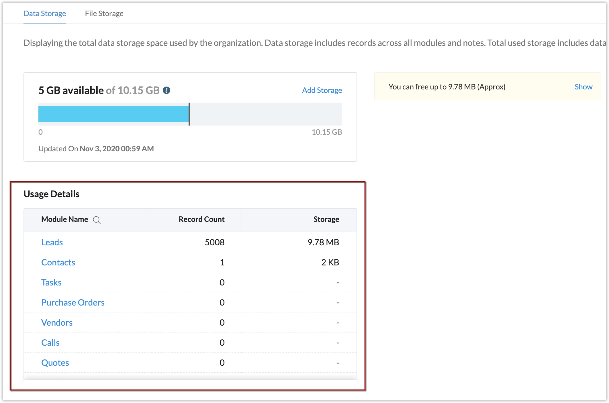 Manage Data Storage Space | Zoho CRM - Help