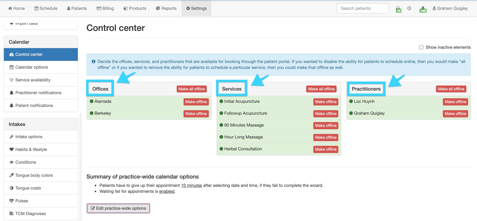 Calendar Settings > Control Panel
