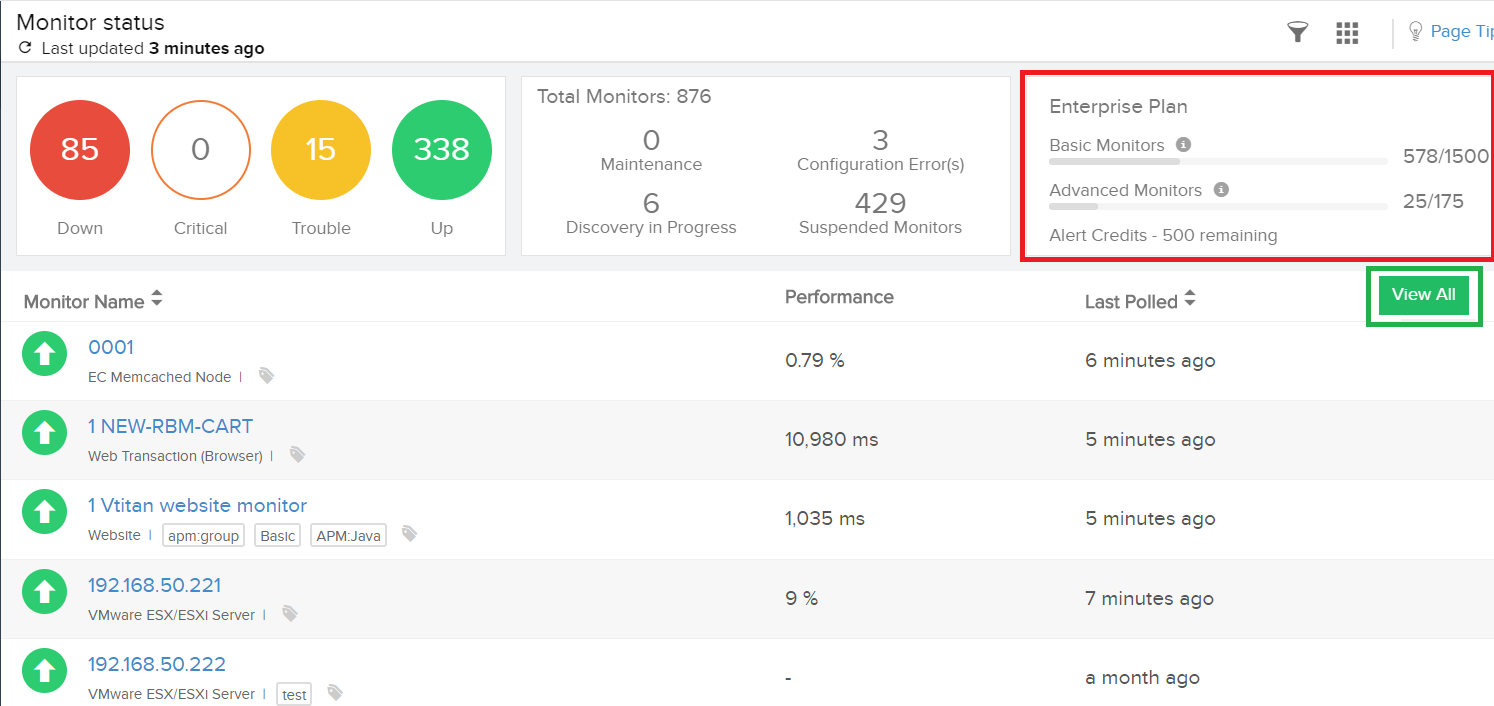 View monitors as basic and advanced in Site24x7 web client.