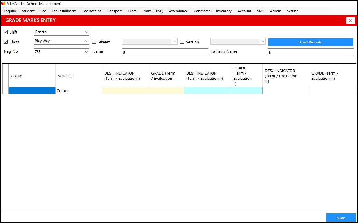 Grade Subject Marks Entry in Exam (CBSE)