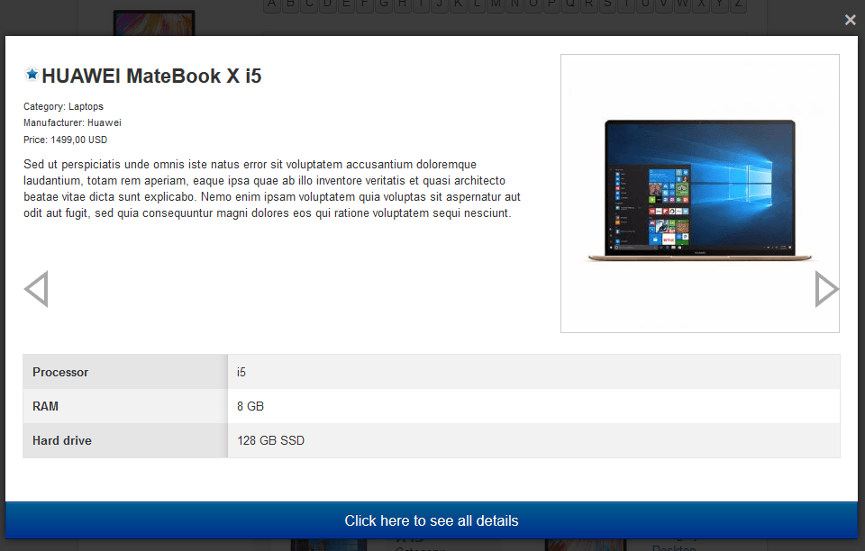 Product preview pop-up