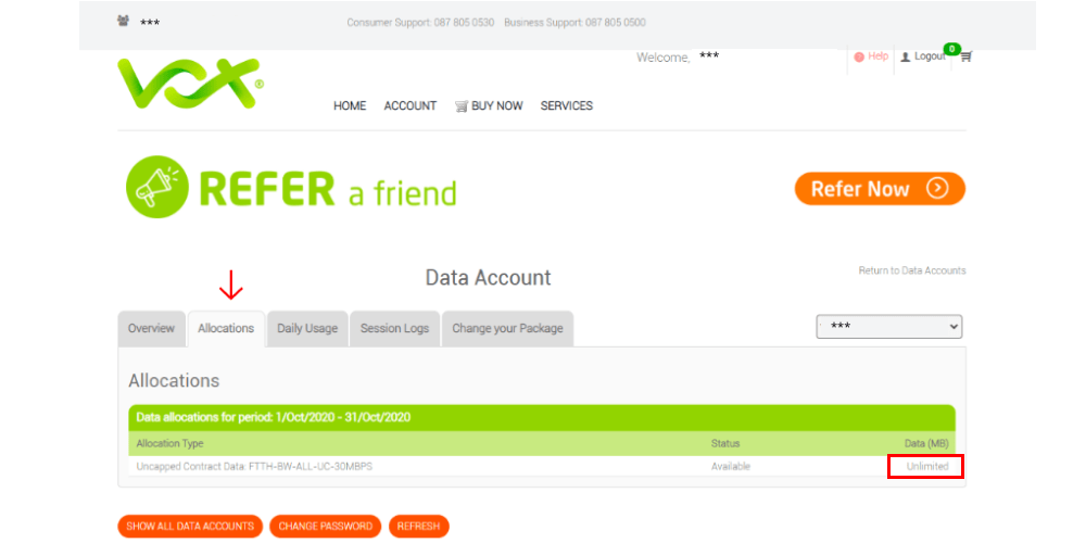 How to view your Vox data usage.