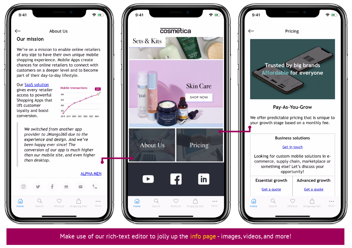 Create visually appealing content pages to talk about you and your business