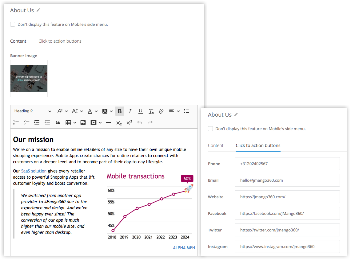 Create visually appealing content pages to talk about you and your business