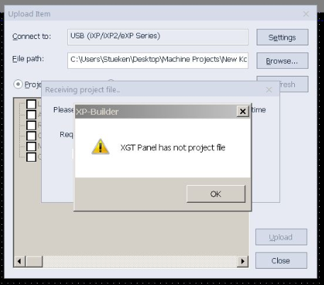 Error message when trying to Upload an HMI project to PC.