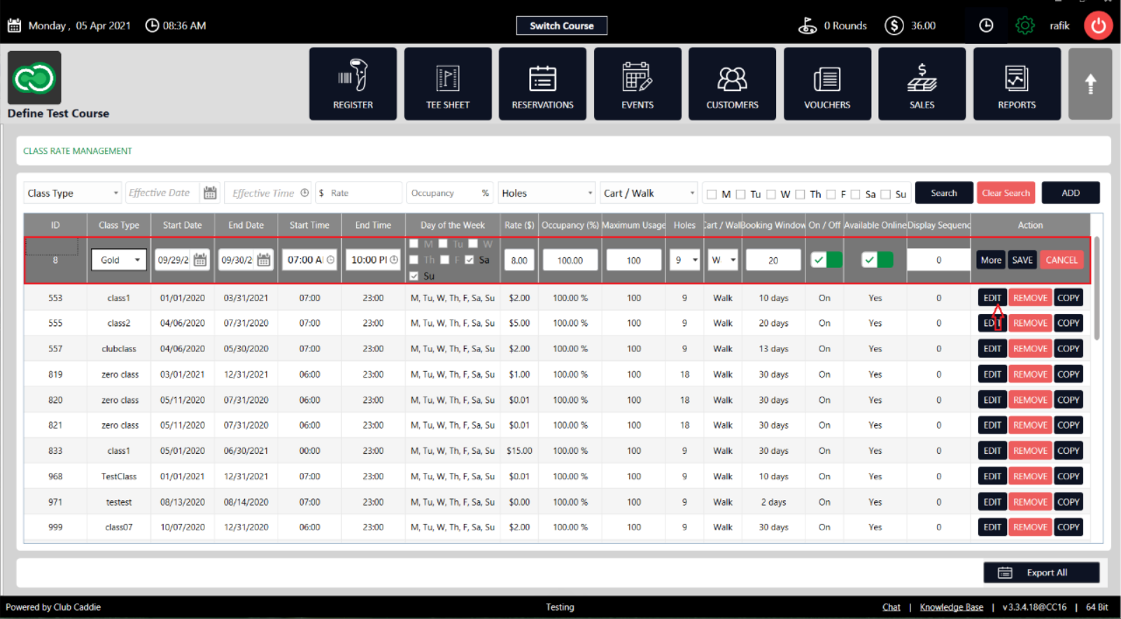Settings - Class Rate Management.