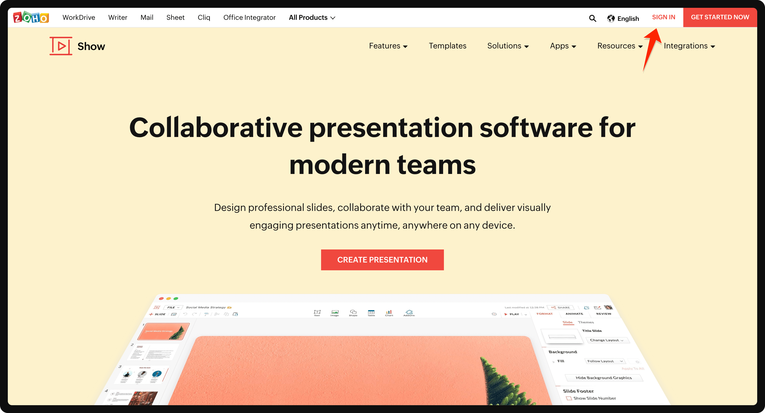 Sign up or sign in with Zoho Show