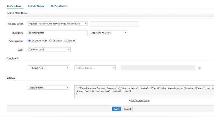 Hide templates from drop-down while using a specific template using FAFR