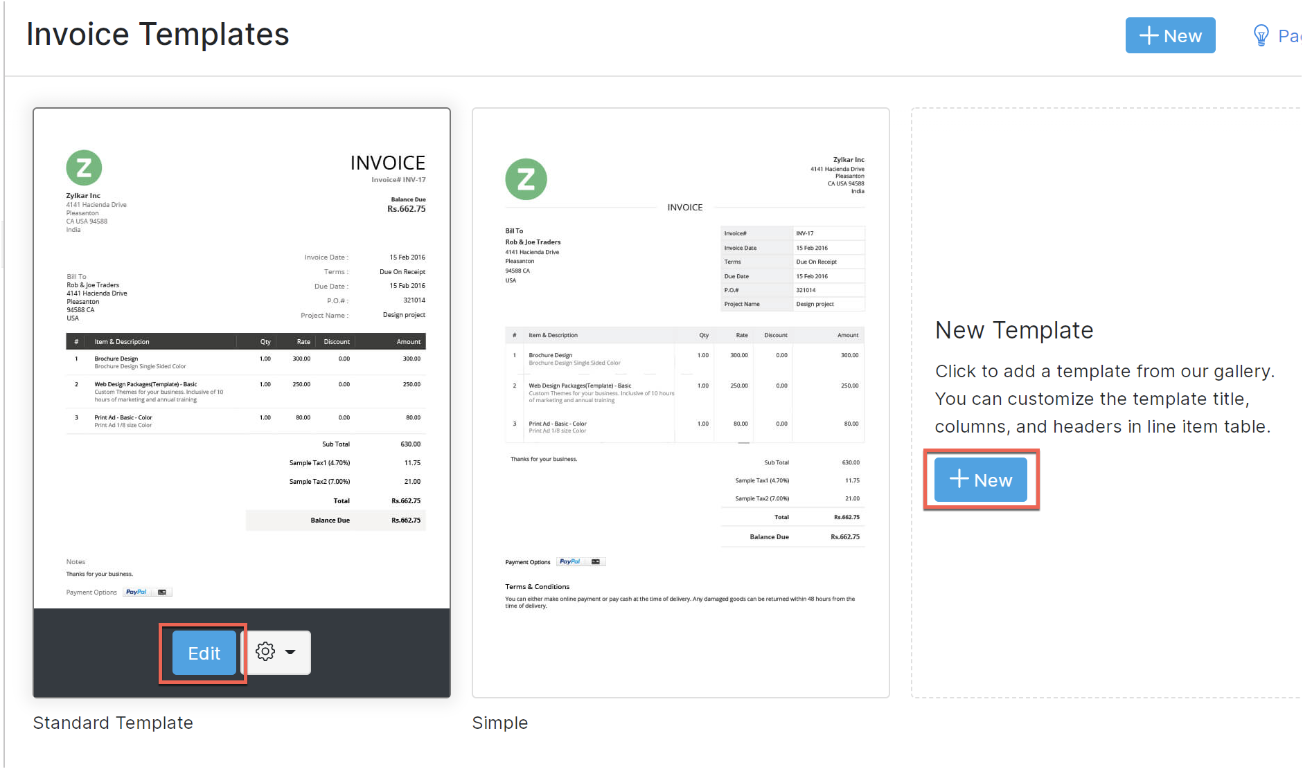 2. Click Edit to customize the existing template or click + New to ...