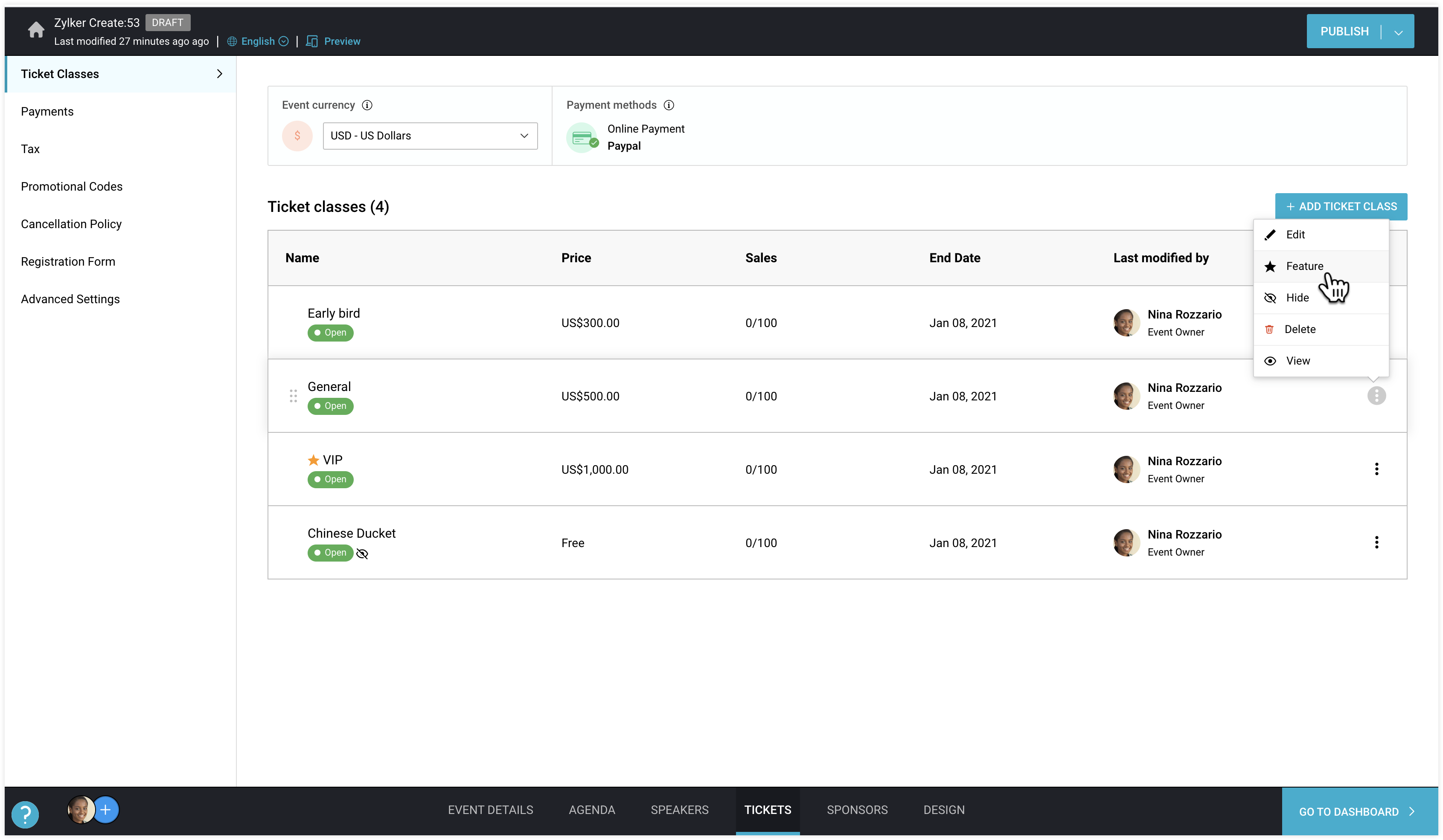 Click the Tickets tab in the Microsite Builder.