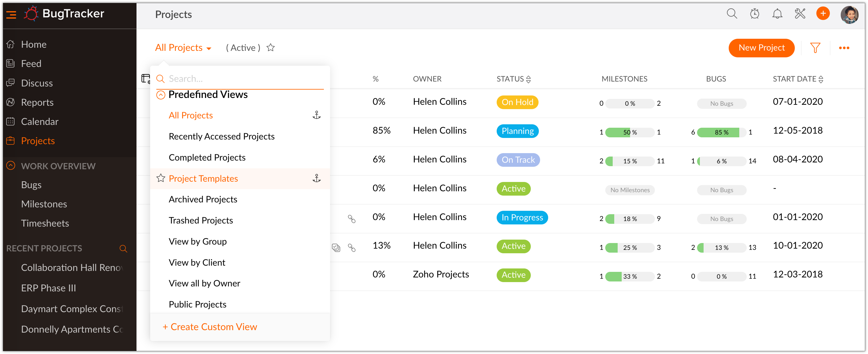 Projects List View | Online Help | Zoho BugTracker