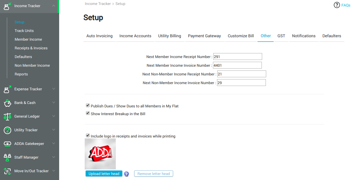 How to add Society Letter Head for Invoices and Receipts?