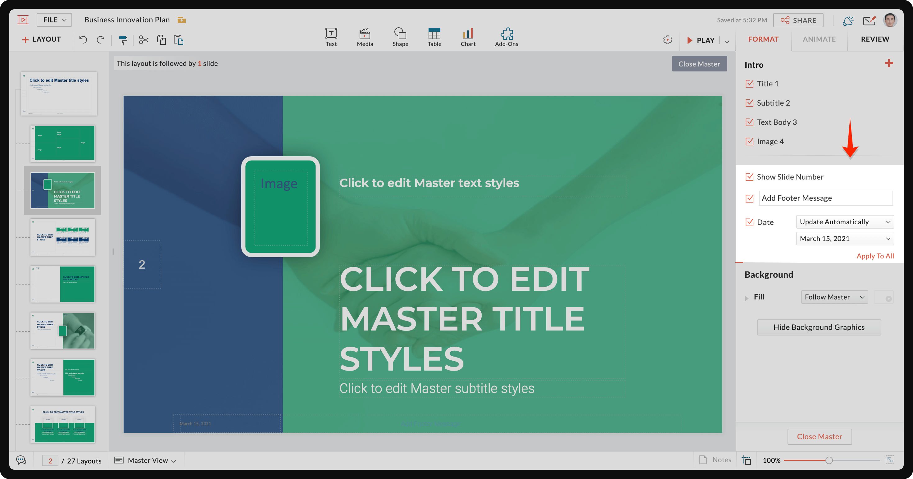 Editing the Master and slide layouts