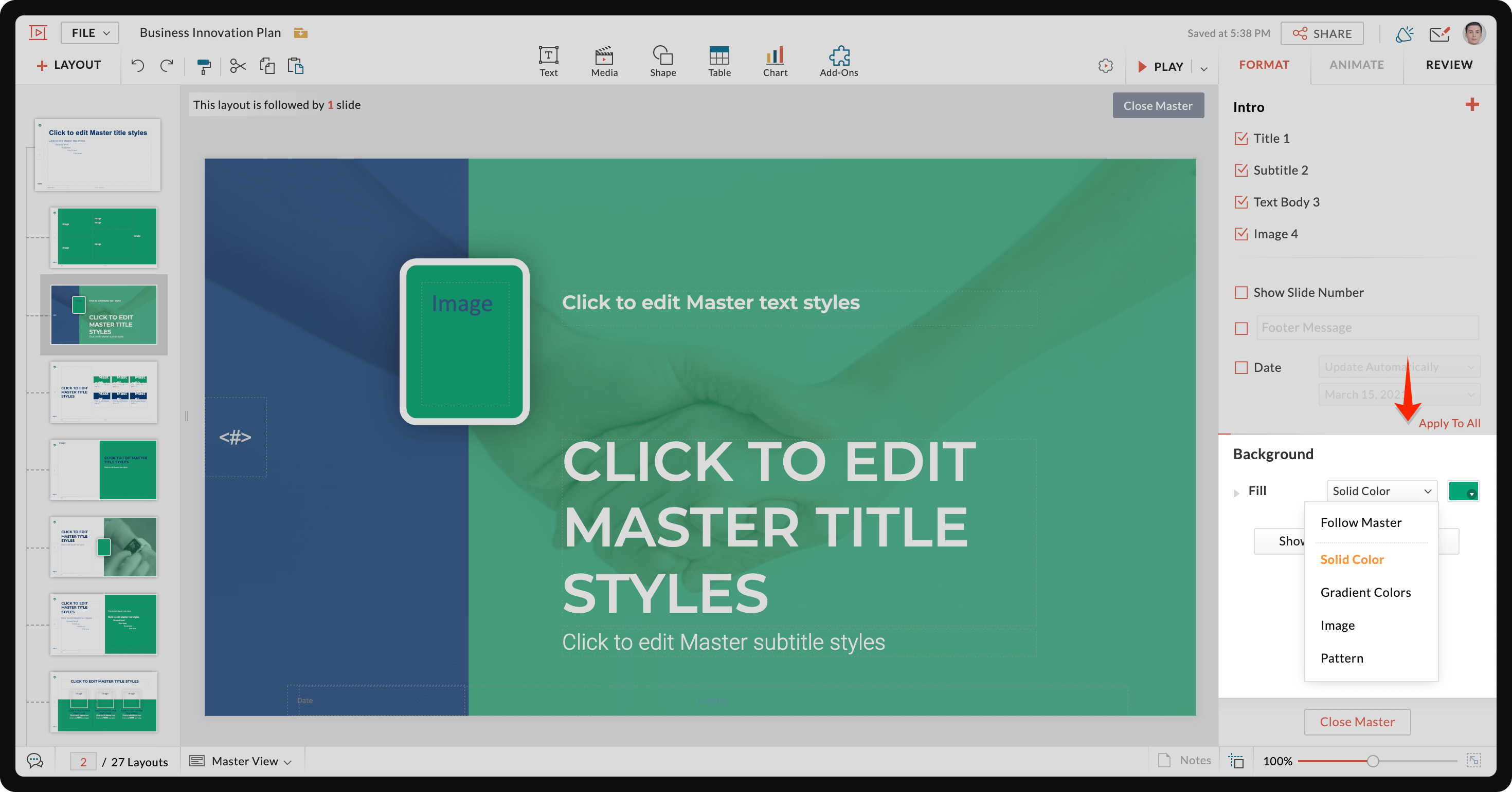 Editing the Master and slide layouts