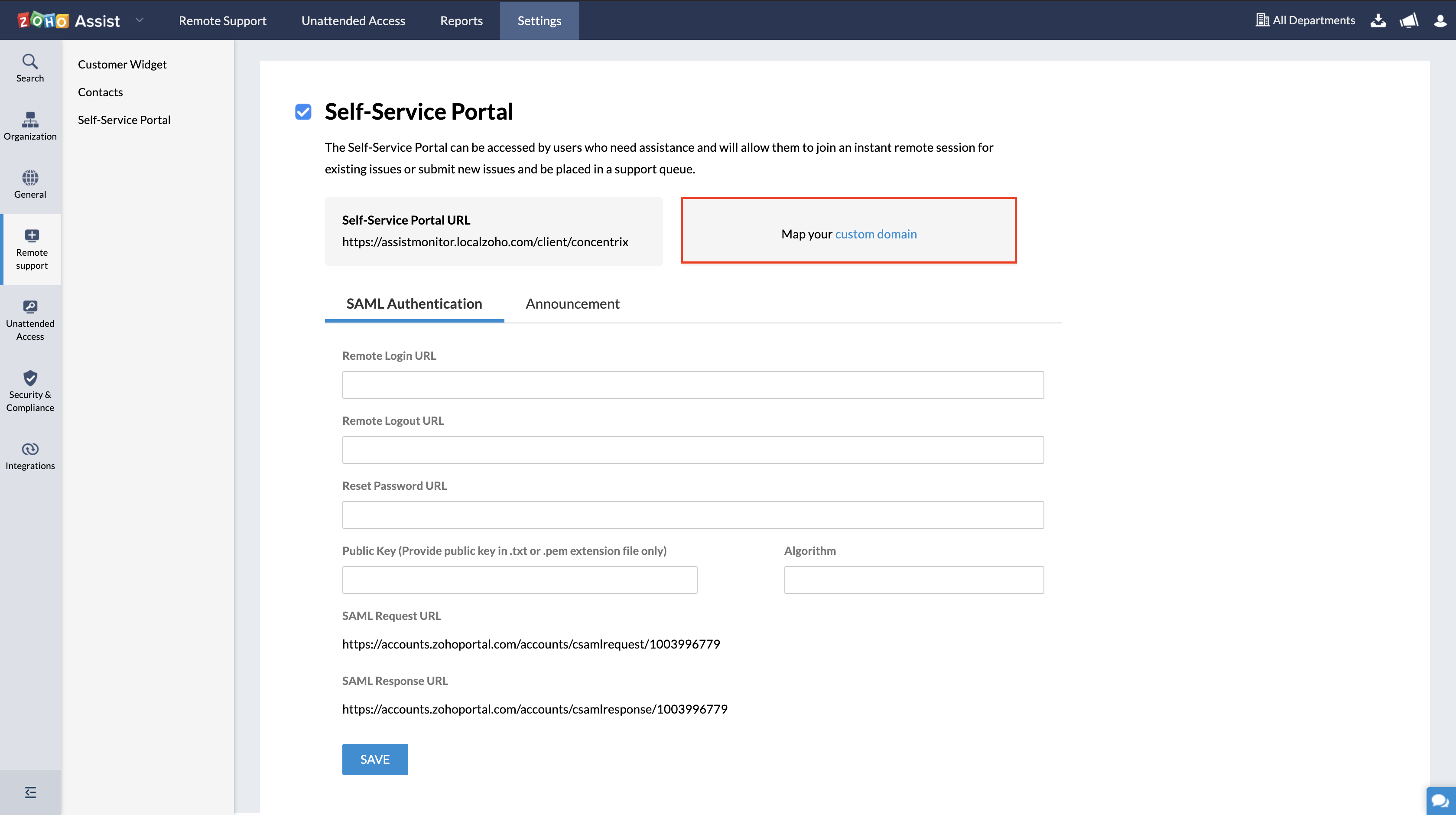 Setting up custom and secure self-service portal with Zoho Assist