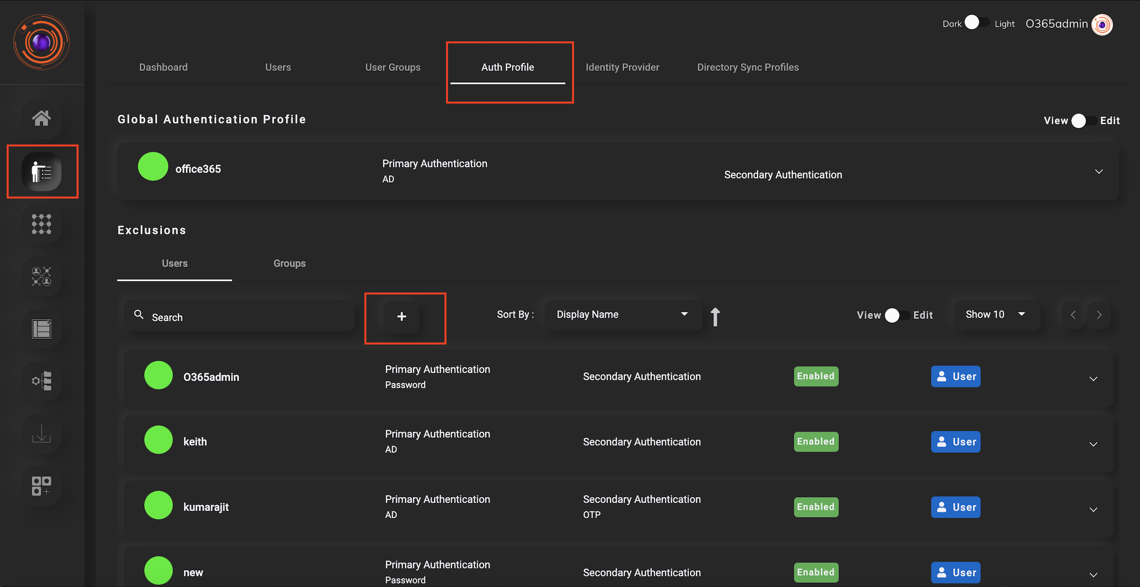 2. Click on “Add icon” under “User Auth Profile”.