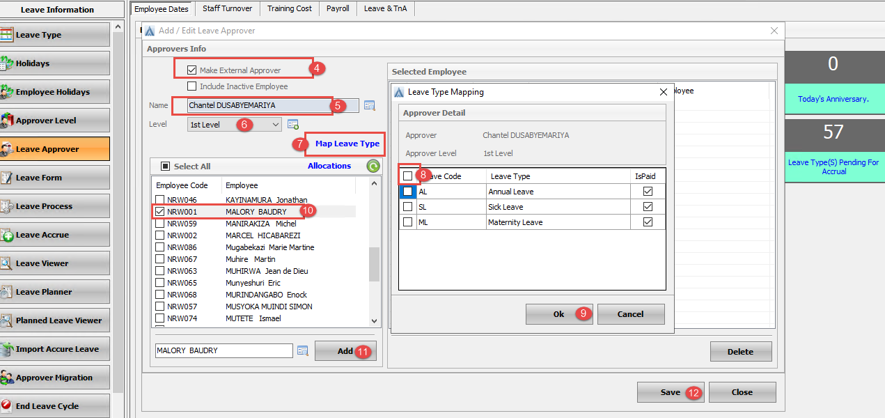 How to assign Leave approver and map leave types to user