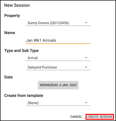 Create New Scan Session – Session Setup (app)