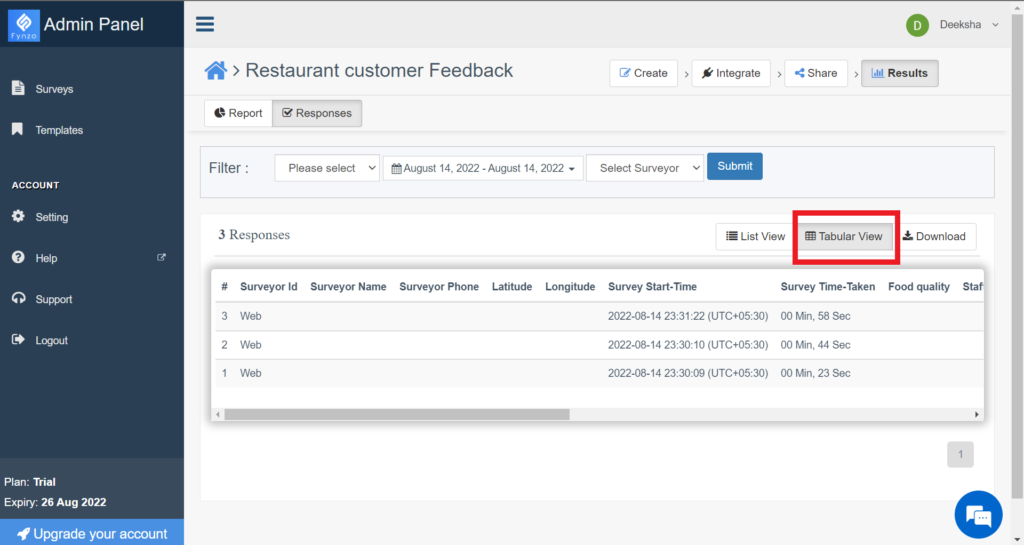 How to view responses in tabular(excel) format