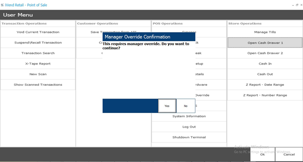 Displaying Manager Override Screen