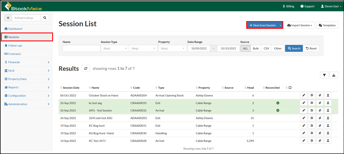 Create New Session – Scan Session (web)
