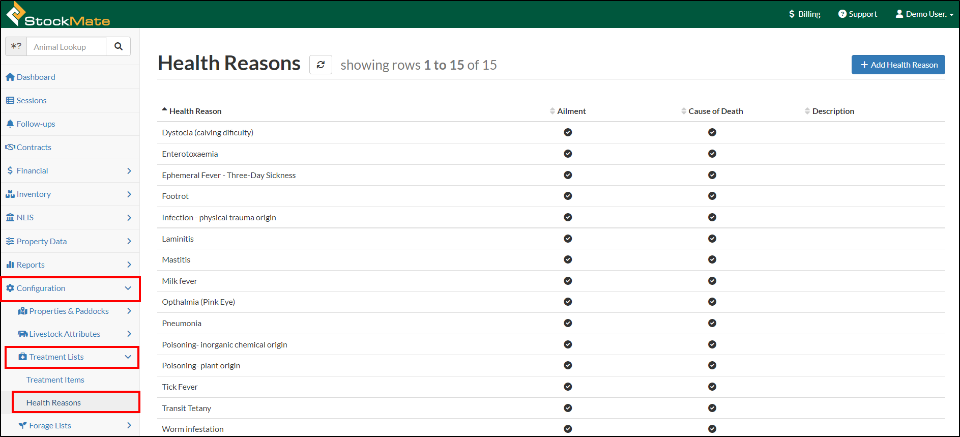 Setup Health Reasons (web & app)