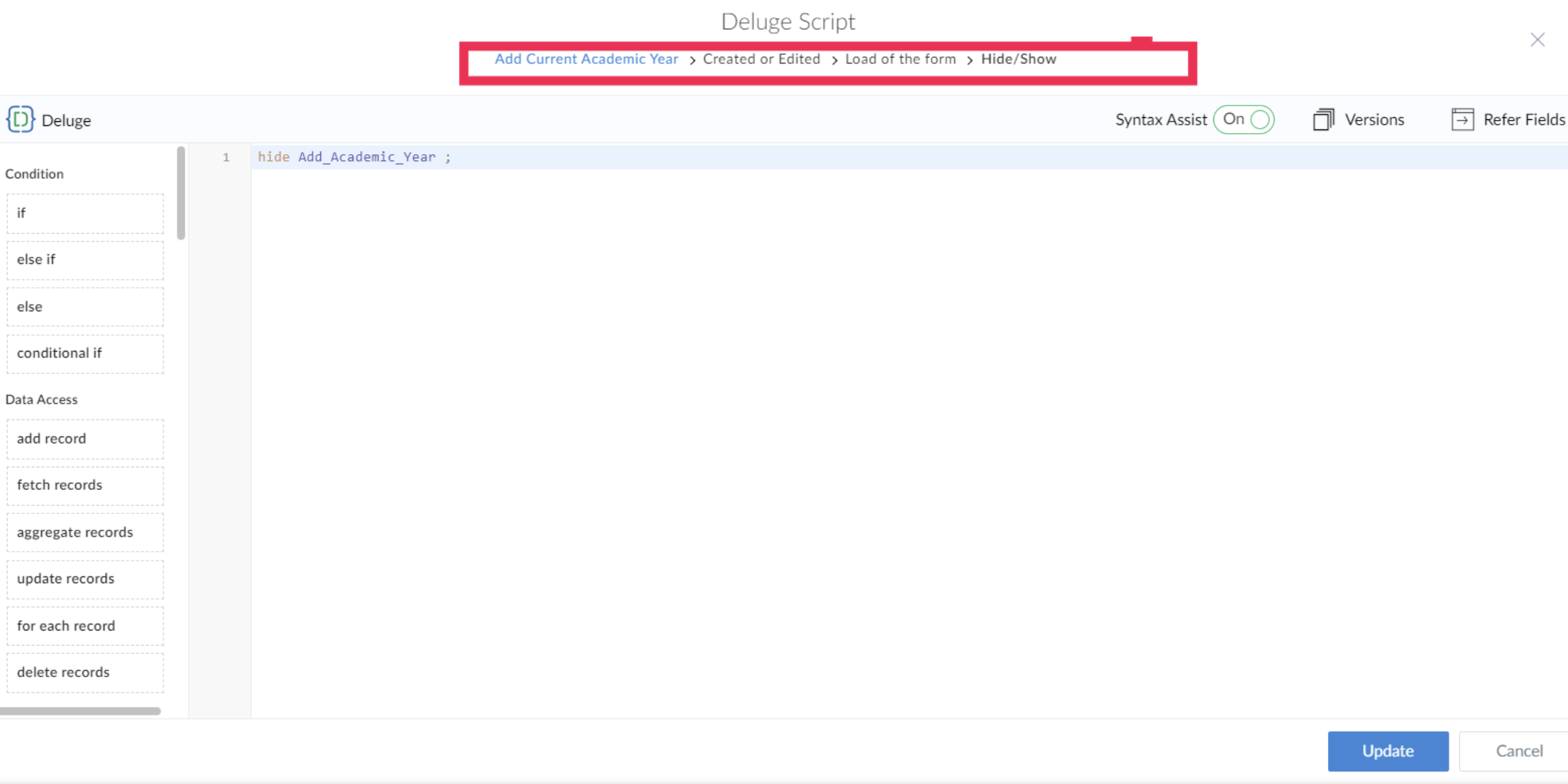 Hide/Show and Custom function in Creator