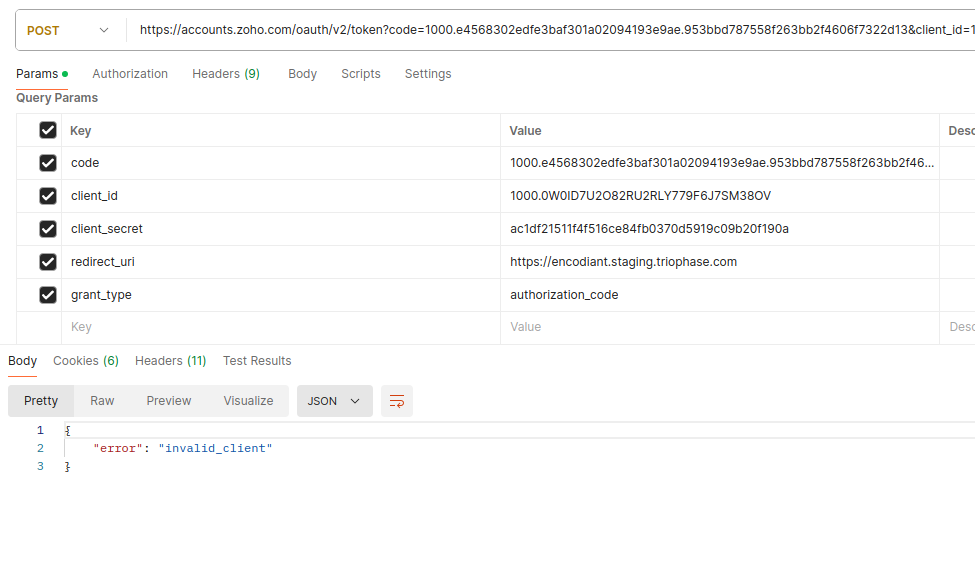 Calling Token API in Postman returning "error: invalid_client"