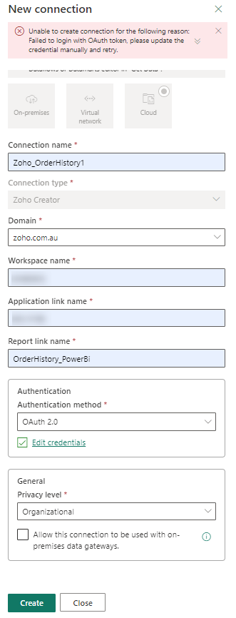 Unable to create new Zoho Connections in Power BI