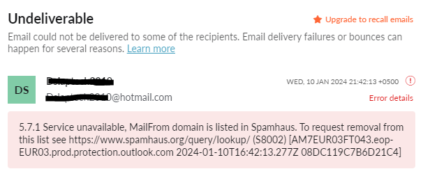 Unable to send emails to hotmail email adresses