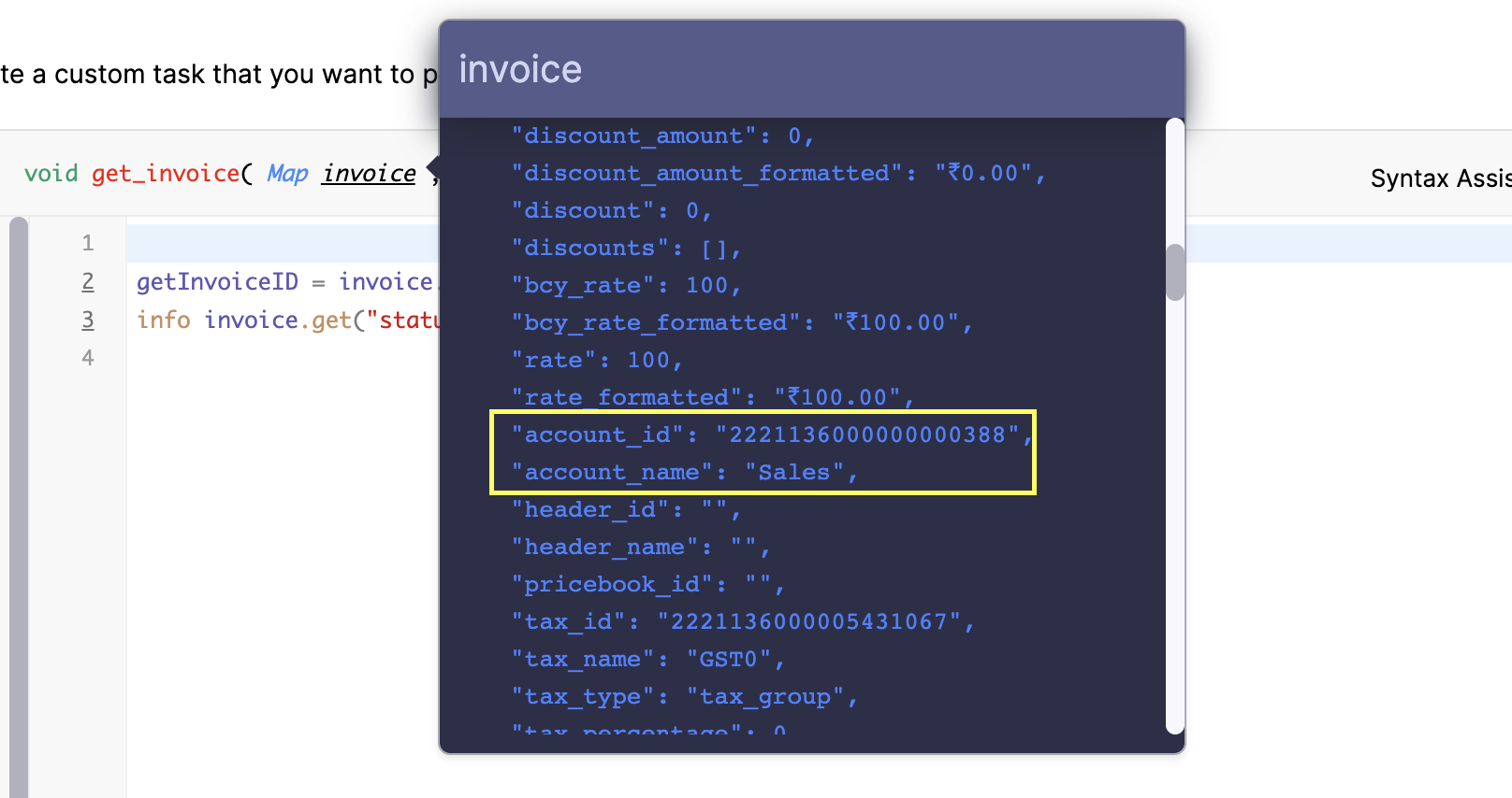 Zoho Books Create Invoice API - Cannot enter account type for line items